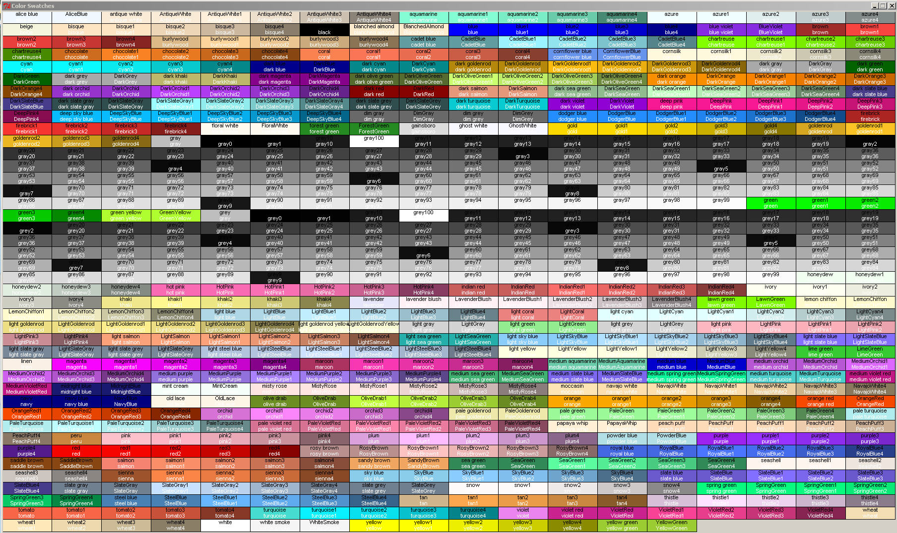 Available named colors for Zelle Graphics